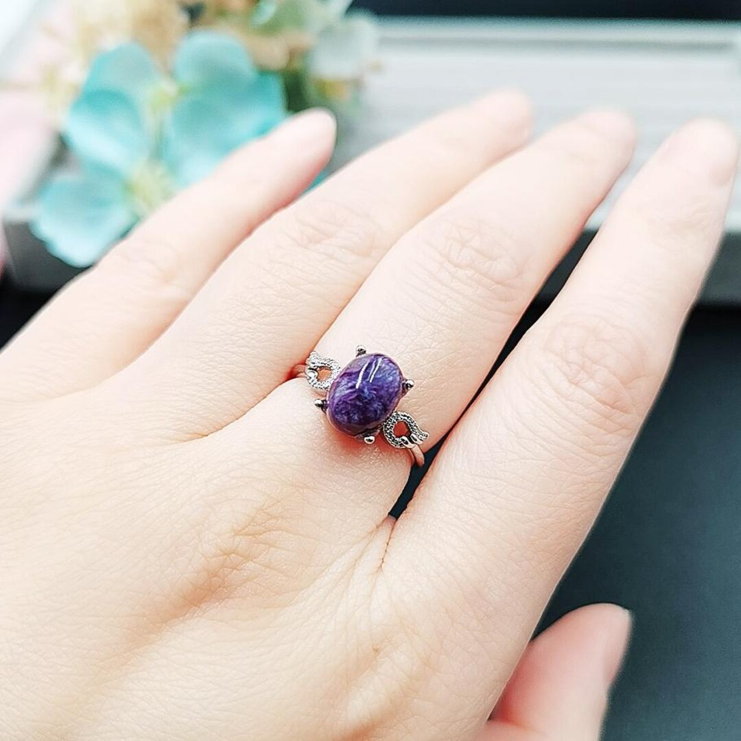 Natural Charoite Raw Stone Angel Wing Ring | Sterling Silver Plated ...