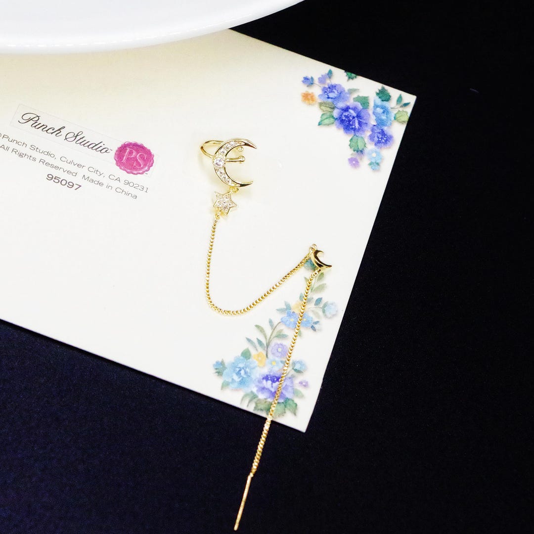 Moon Star Long Chain Stud Threader and Cuff Earring (single) | Ear Cuff | Ear Threader | Dainty ...