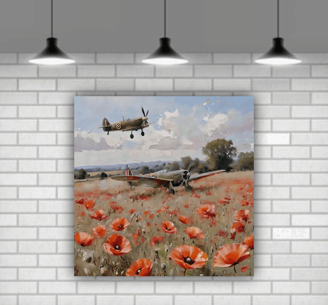 Spit Fire Iconic Fighter Plane Over Poppy Field Printed Canvas Framed ...