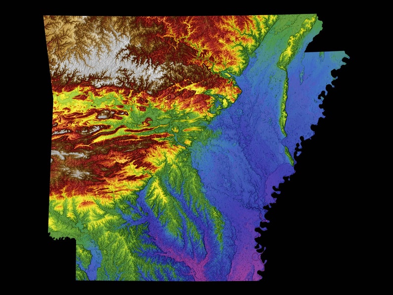 Arkansas Color Elevation Map - Etsy