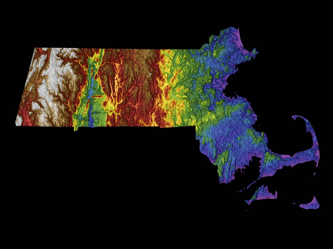 Massachusetts Color Elevation Map - Etsy