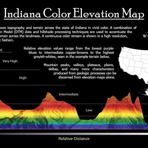 Indiana Color Elevation Map - Etsy