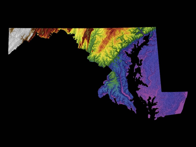 Maryland Color Elevation Map - Etsy