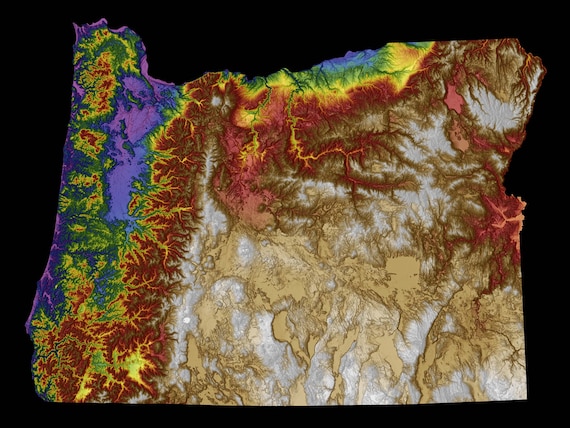 Oregon Color Elevation Map - Etsy