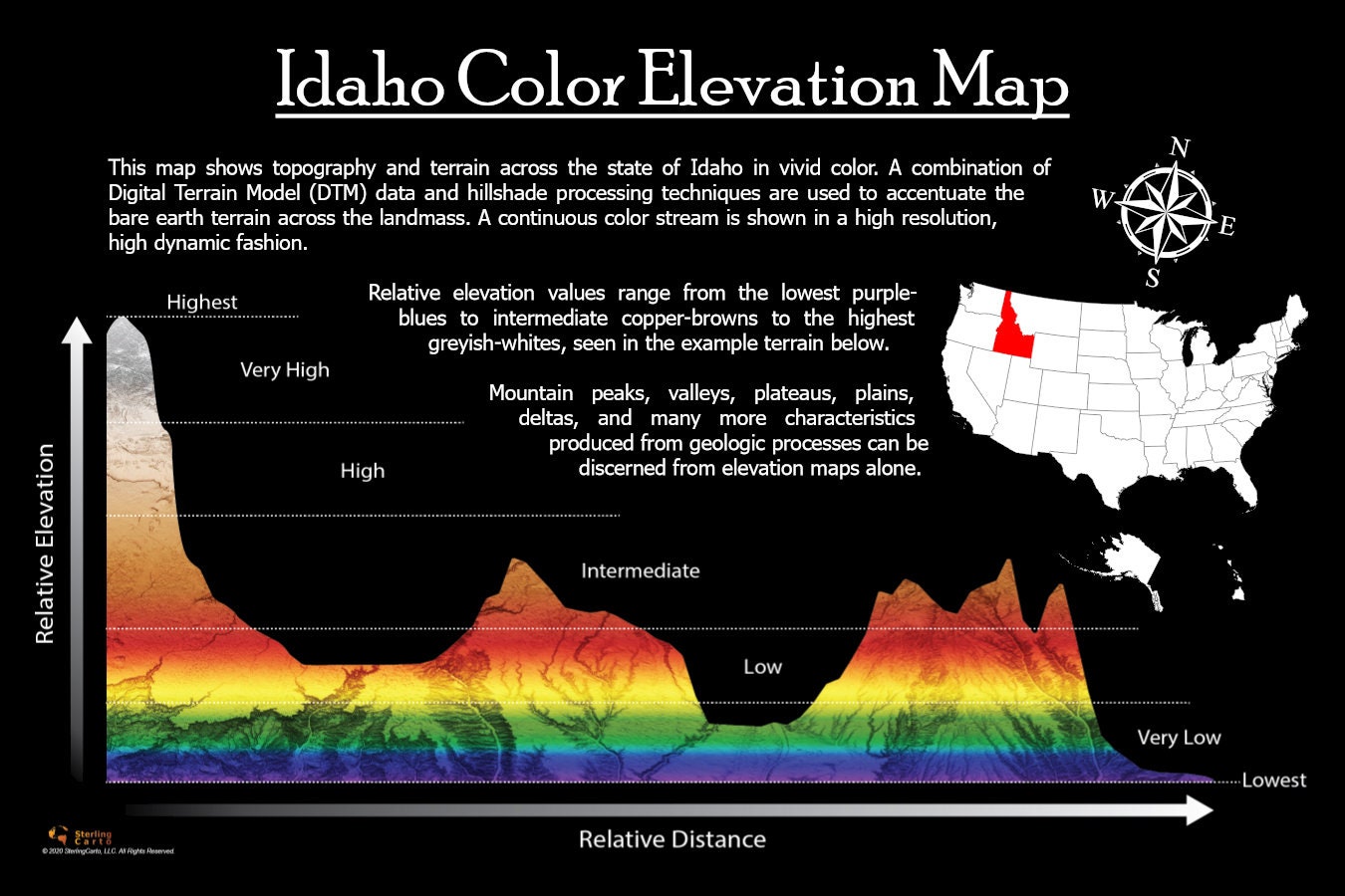 Idaho Color Elevation Map - Etsy