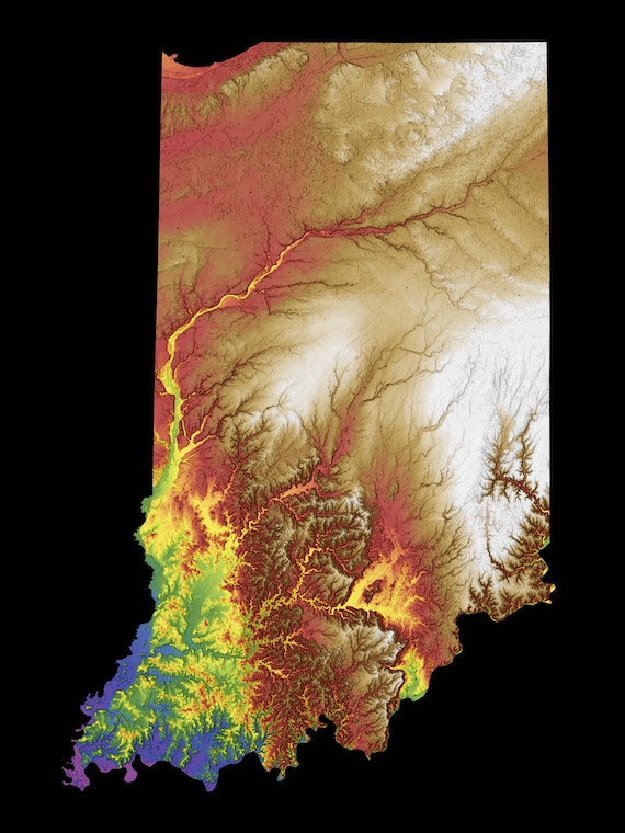 Indiana Color Elevation Map - Etsy Ireland