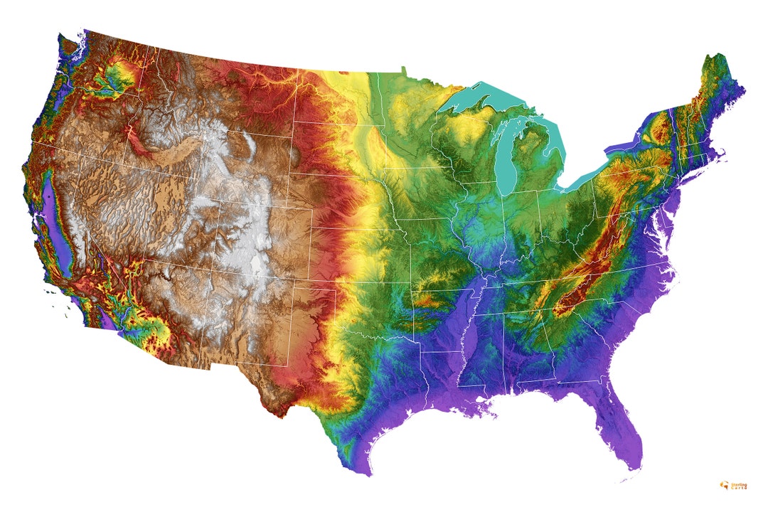 USA Color Elevation Map (contiguous States) With State Boundaries - Etsy