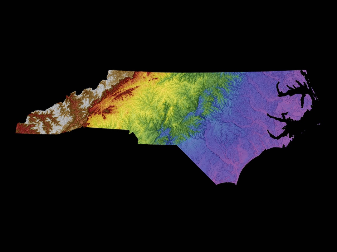 North Carolina Color Elevation Map - Etsy