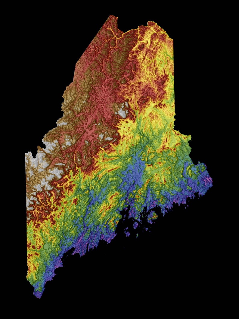Maine Color Elevation Map - Etsy