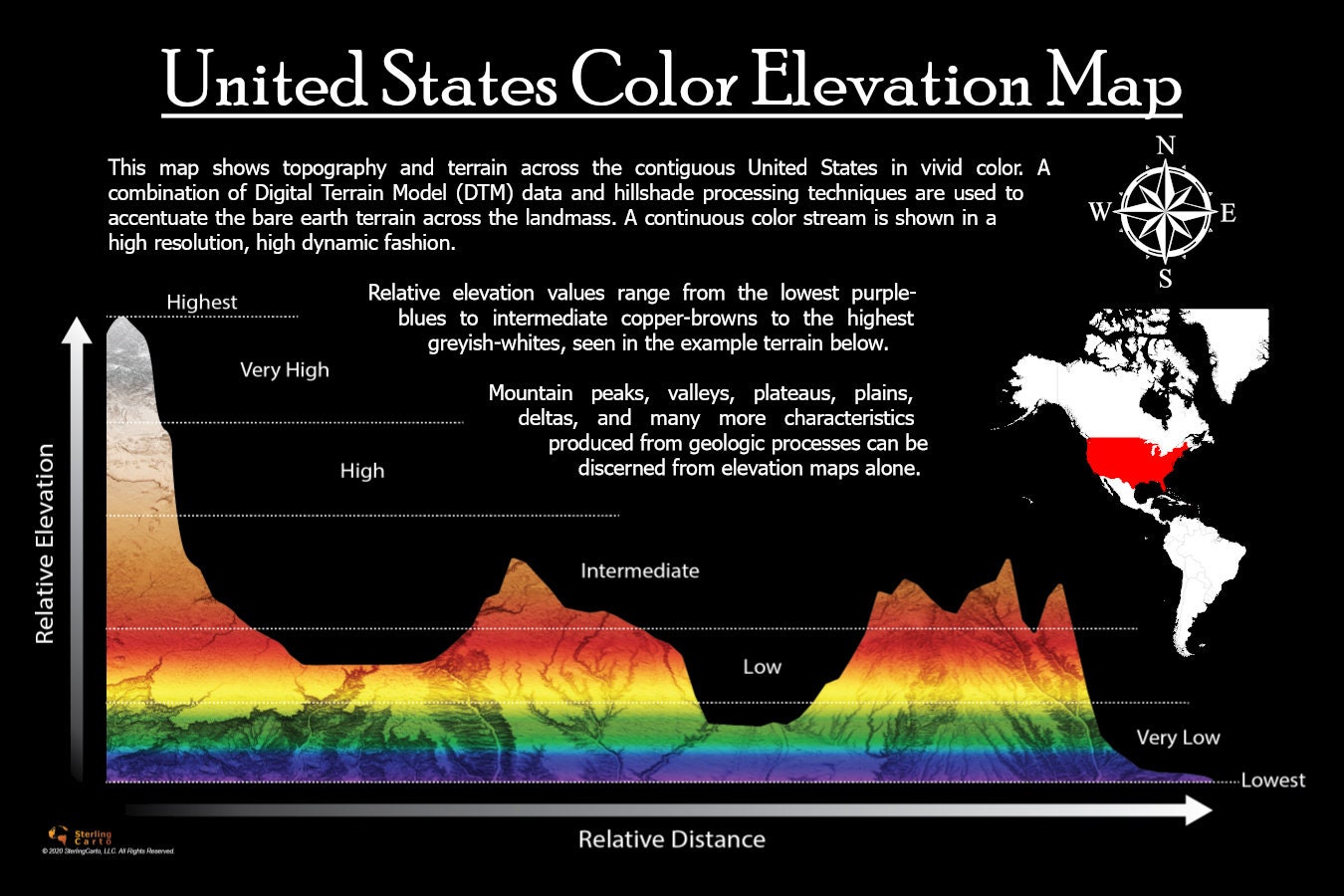 USA Color Elevation Map (contiguous States) - Etsy