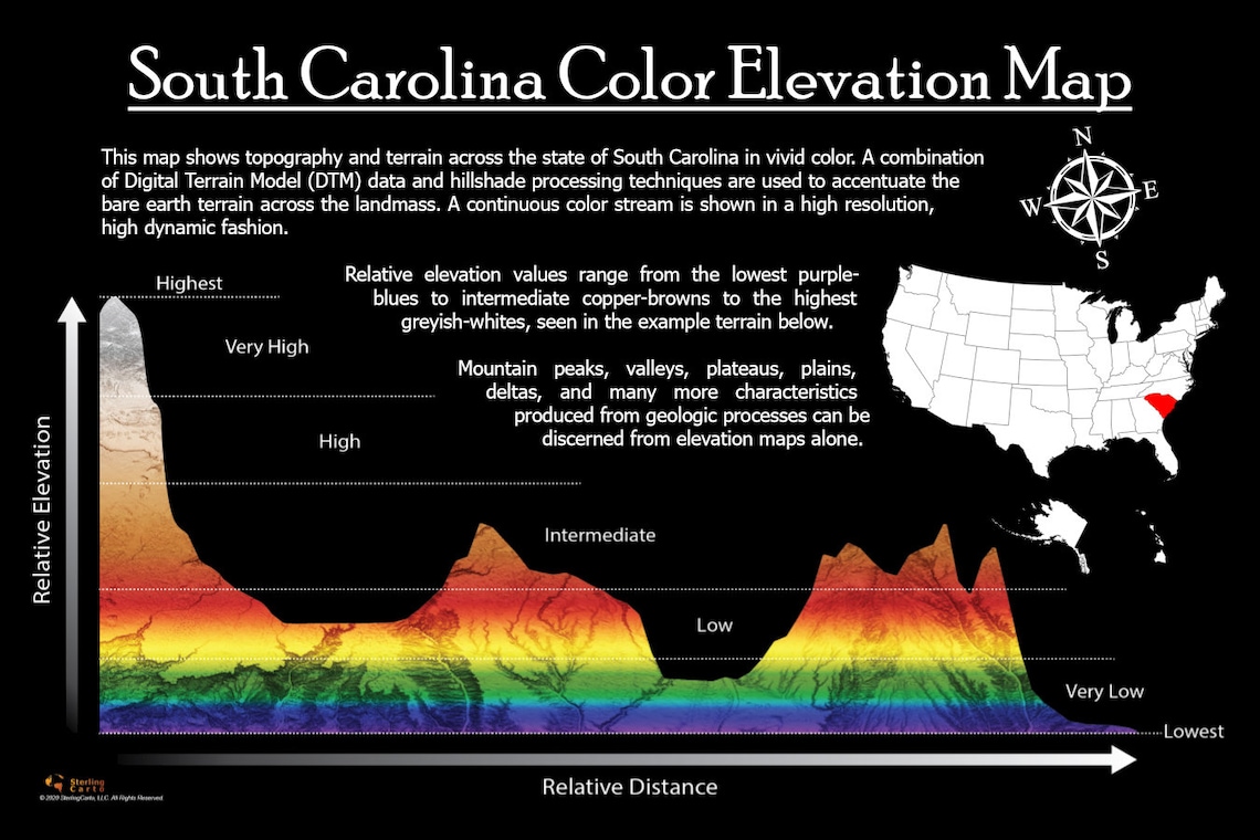 South Carolina Color Elevation Map - Etsy