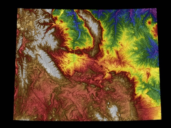 Wyoming Color Elevation Map - Etsy