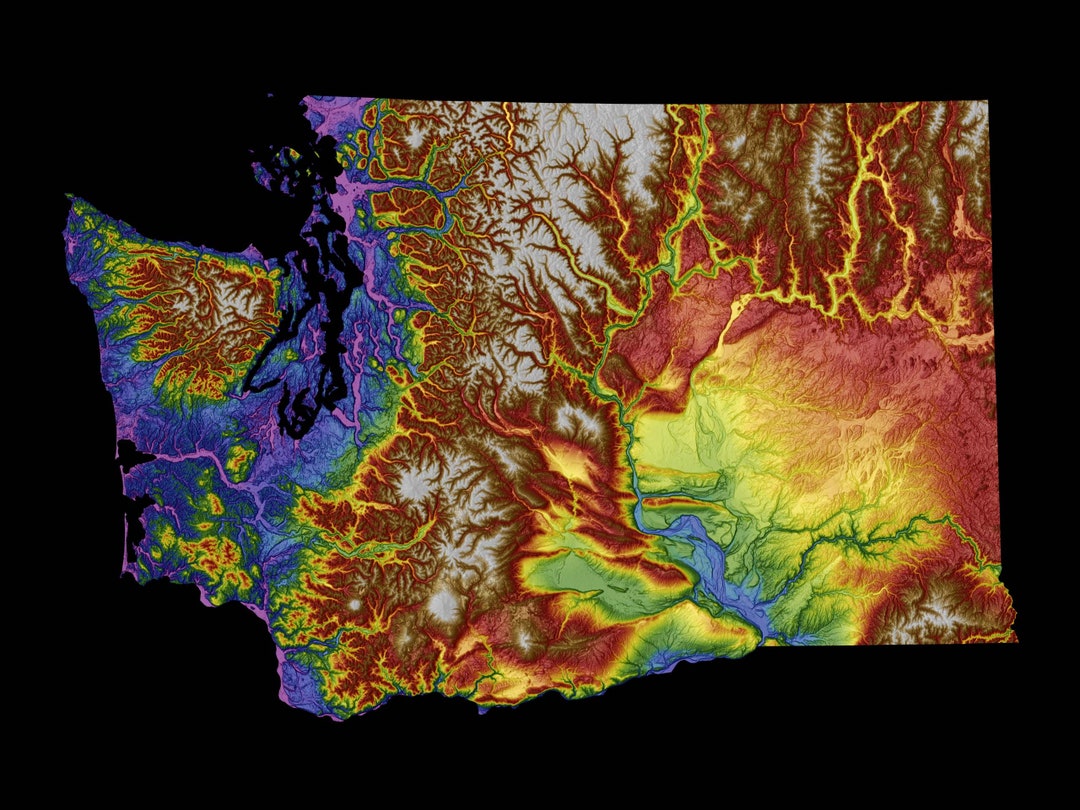 Washington Color Elevation Map - Etsy