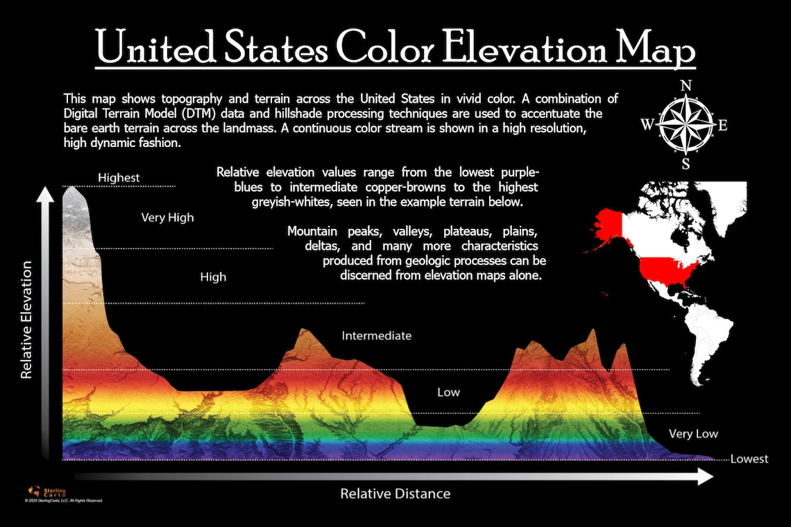 USA Color Elevation Map - Etsy