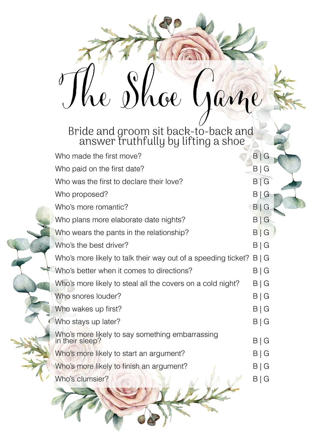 The Shoe Game, Printable Wedding/bachelorette Games, Instant Download ...
