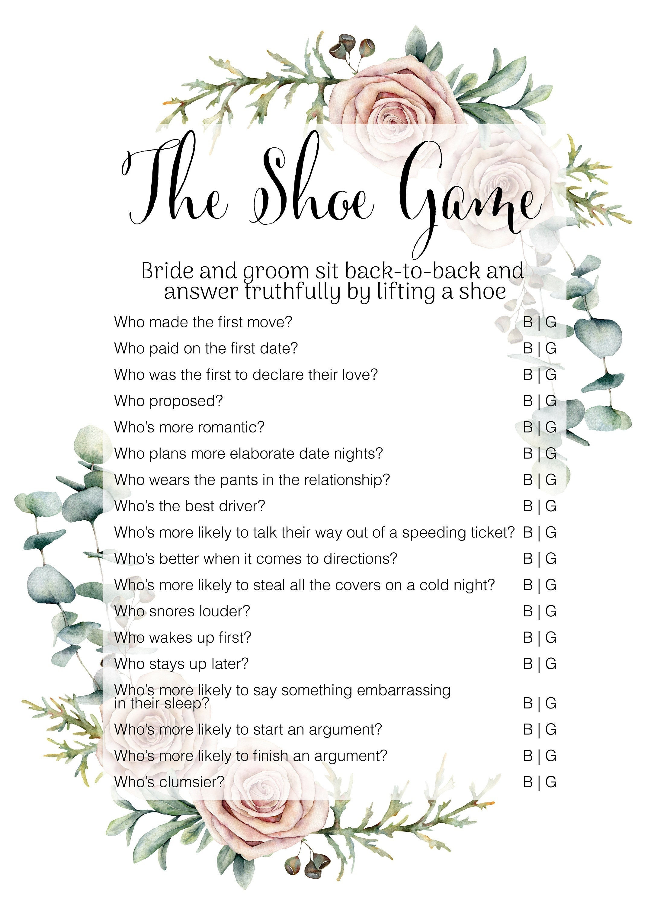 The Shoe Game, Printable Wedding/bachelorette Games, Instant Download ...