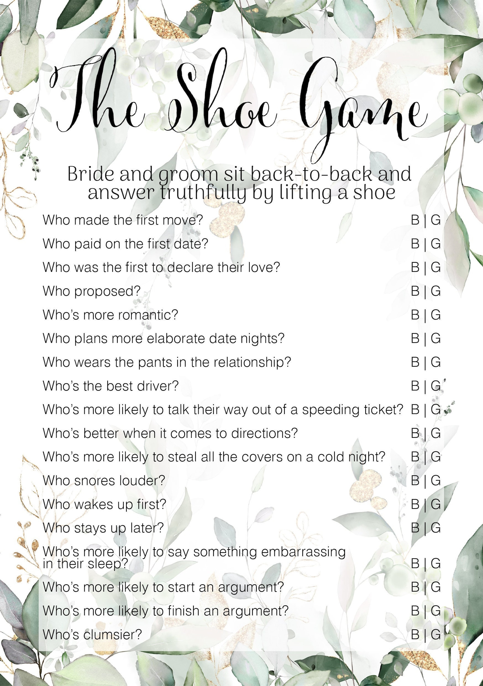 The Shoe Game, Printable Wedding/bachelorette Games, Instant Download ...