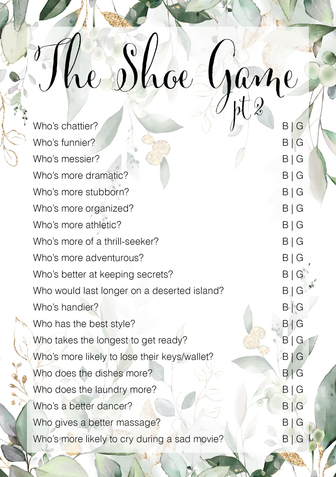 The Shoe Game, Printable Wedding/bachelorette Games, Instant Download ...