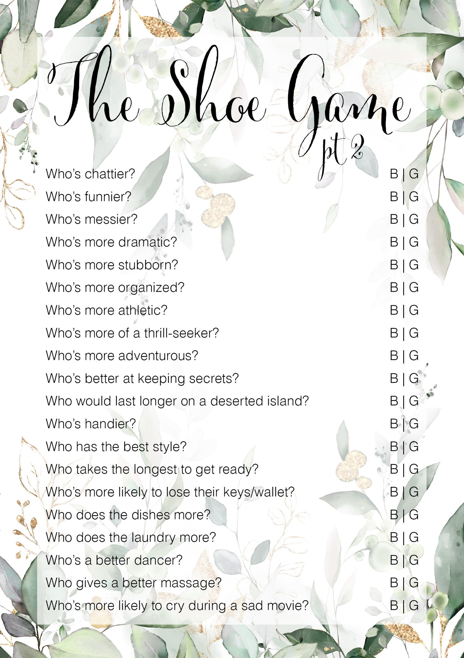 The Shoe Game, Printable Wedding/bachelorette Games, Instant Download ...