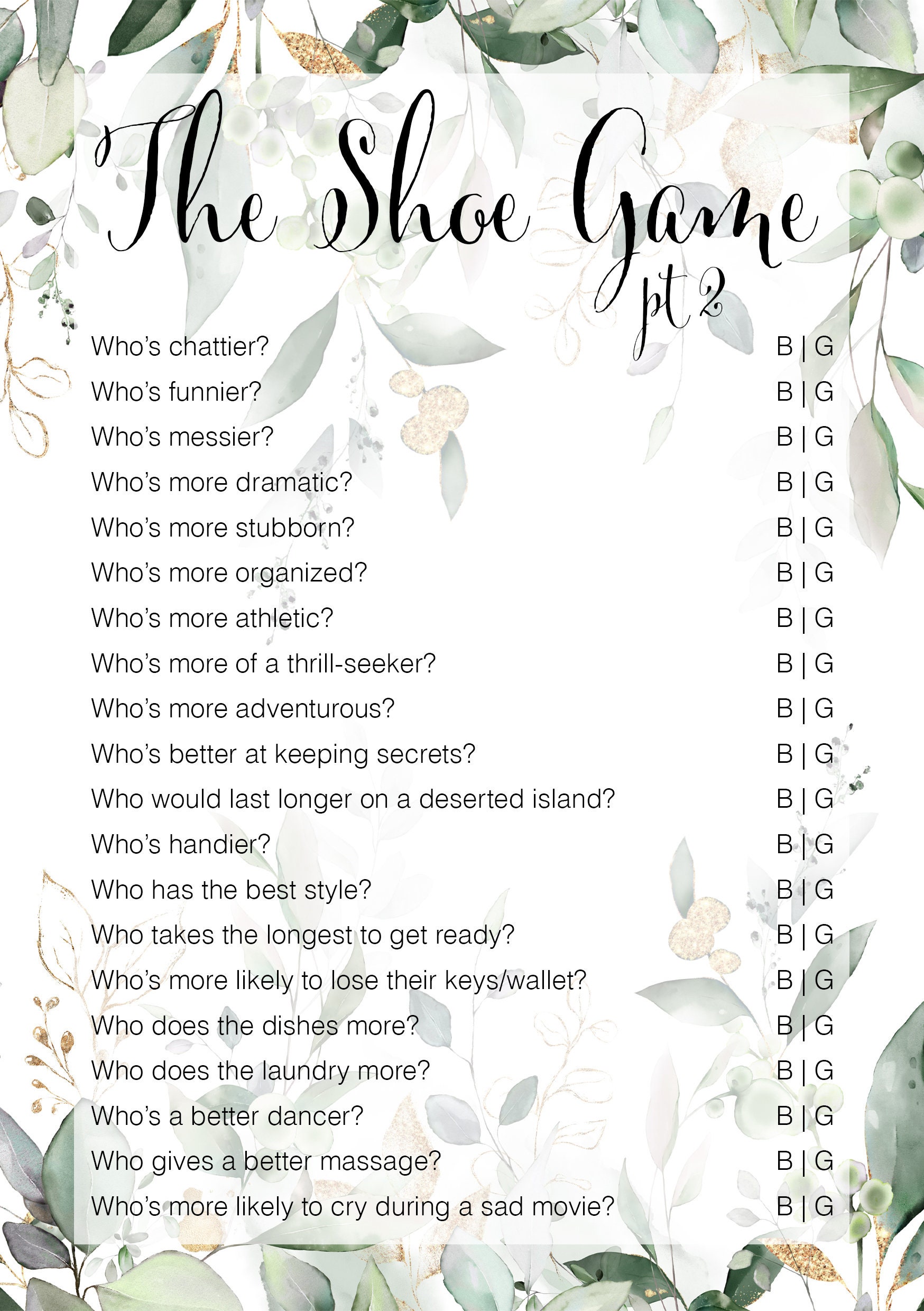 The Shoe Game, Printable Wedding/bachelorette Games, Instant Download ...