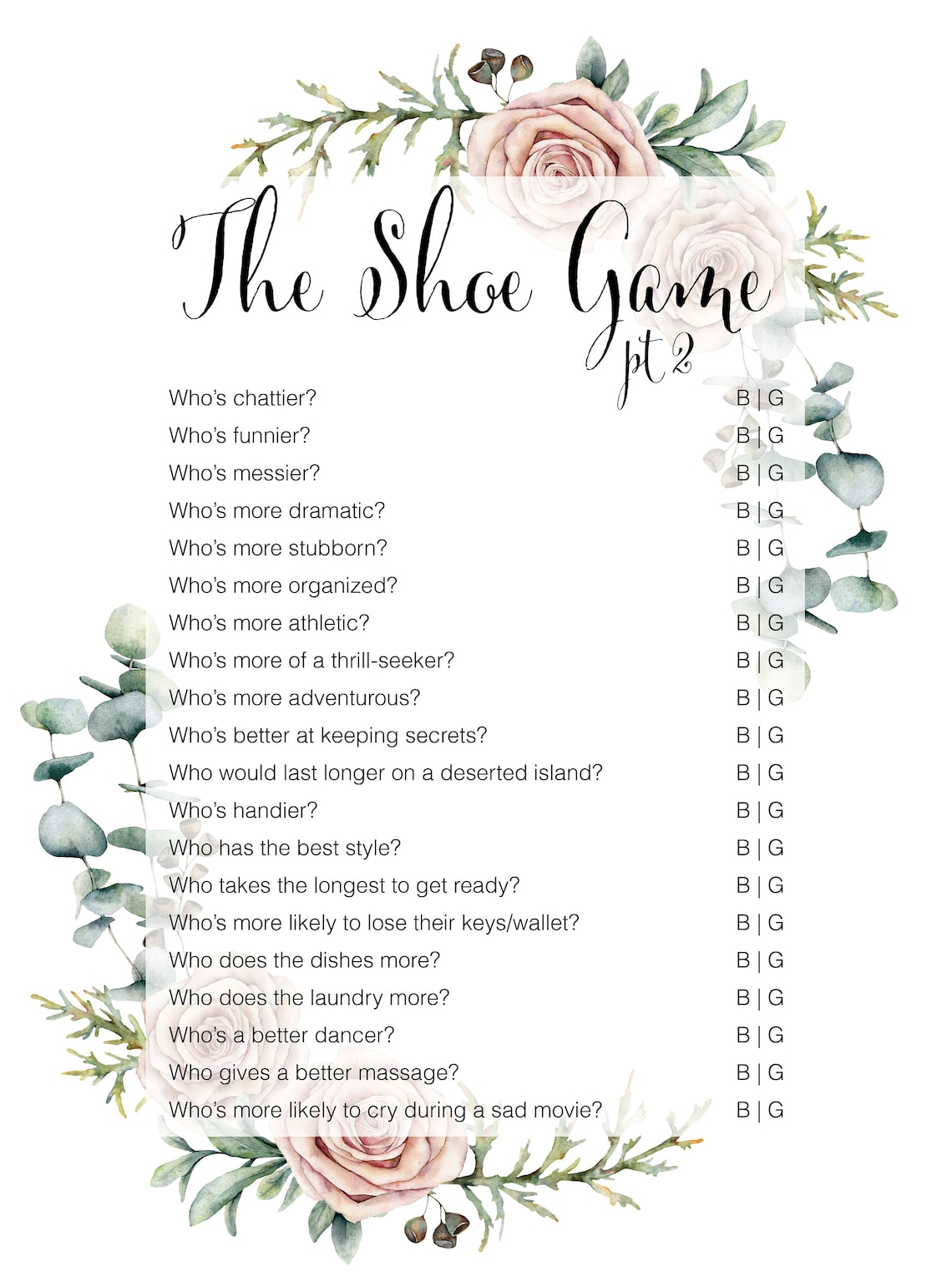 The Shoe Game, Printable Wedding/bachelorette Games, Instant Download ...