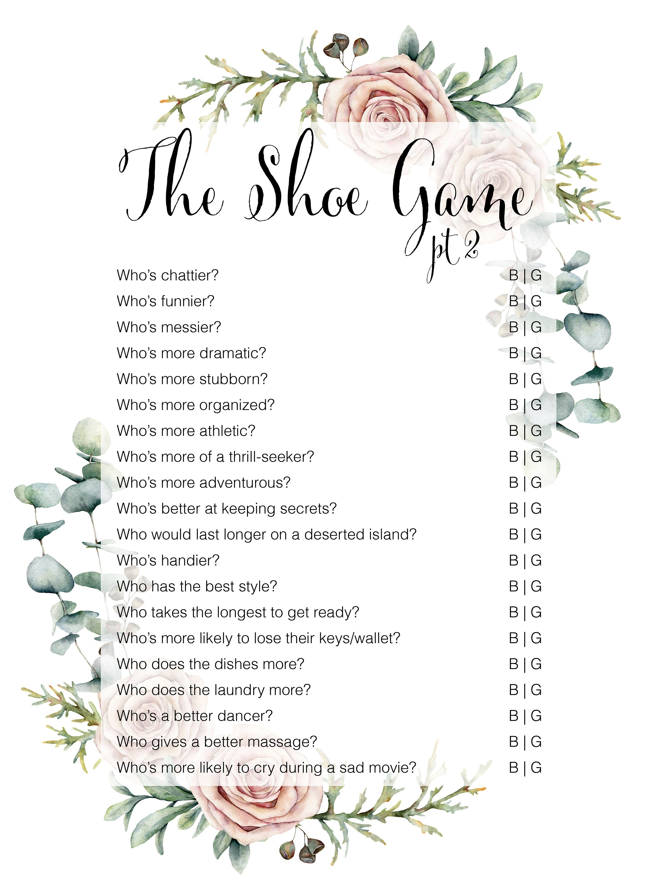 The Shoe Game, Printable Wedding/bachelorette Games, Instant Download ...