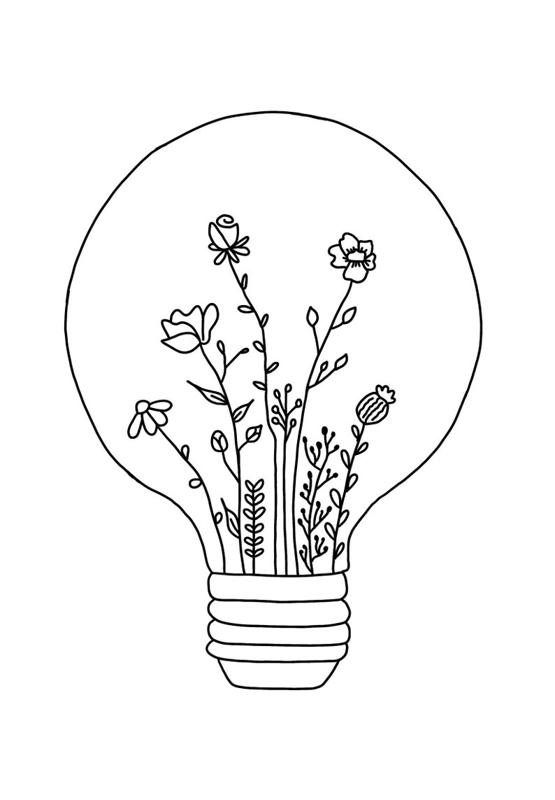 Lightbulb Flower Art, Modern Line Drawing, Lightbulb With Flower Art ...