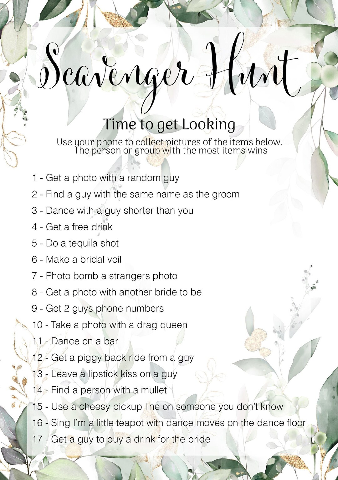 Scavenger Hunt, Printable Bachelorette Games, Instant Download ...