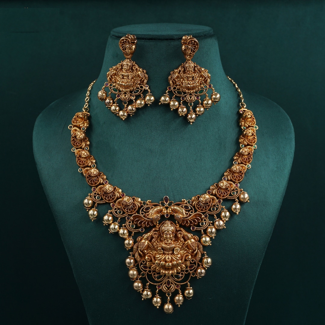 Temple Jewelry, Lakshmi Pendant Chain Necklace Set, Antique Gold Plated ...