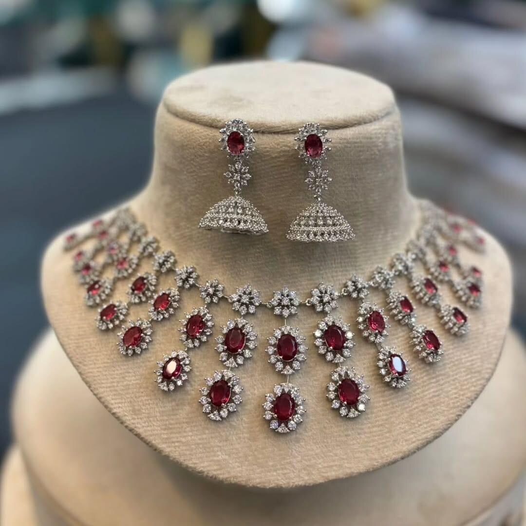 Bridal Ruby Diamond Necklace Set | Luxury CZ Choker With Earrings ...