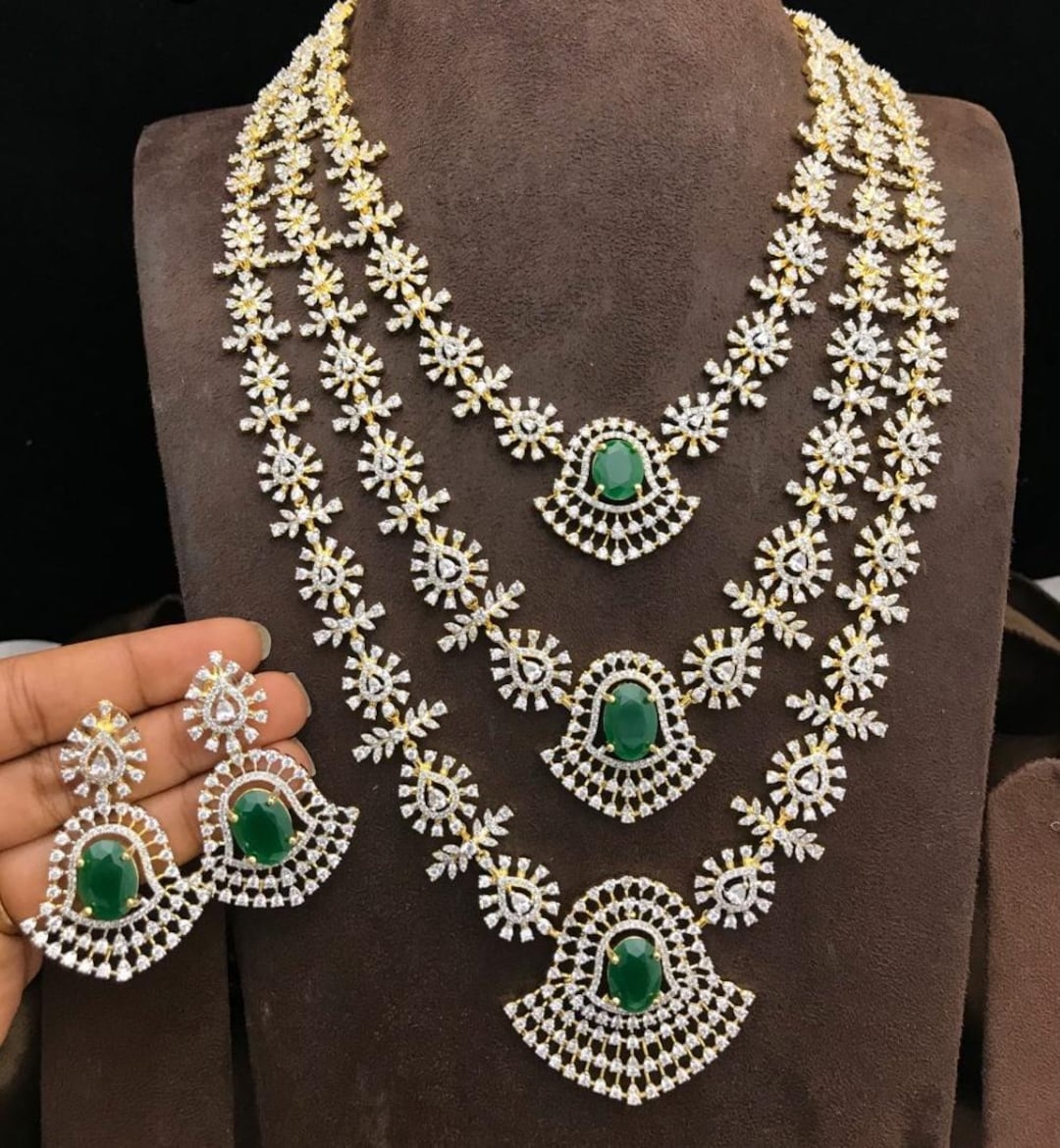 Emerald American Diamond 3-layer Haram Necklace Set - Etsy