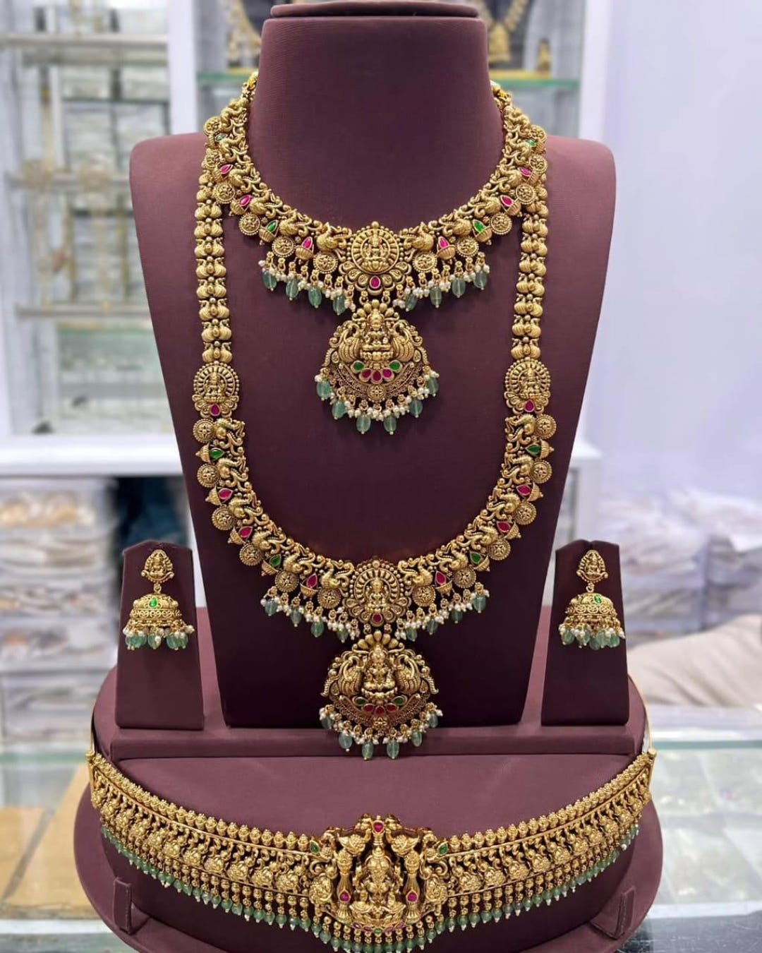 Antique Gold Plated Temple Jewelry Set, Ruby & Emerald Bridal Necklace ...