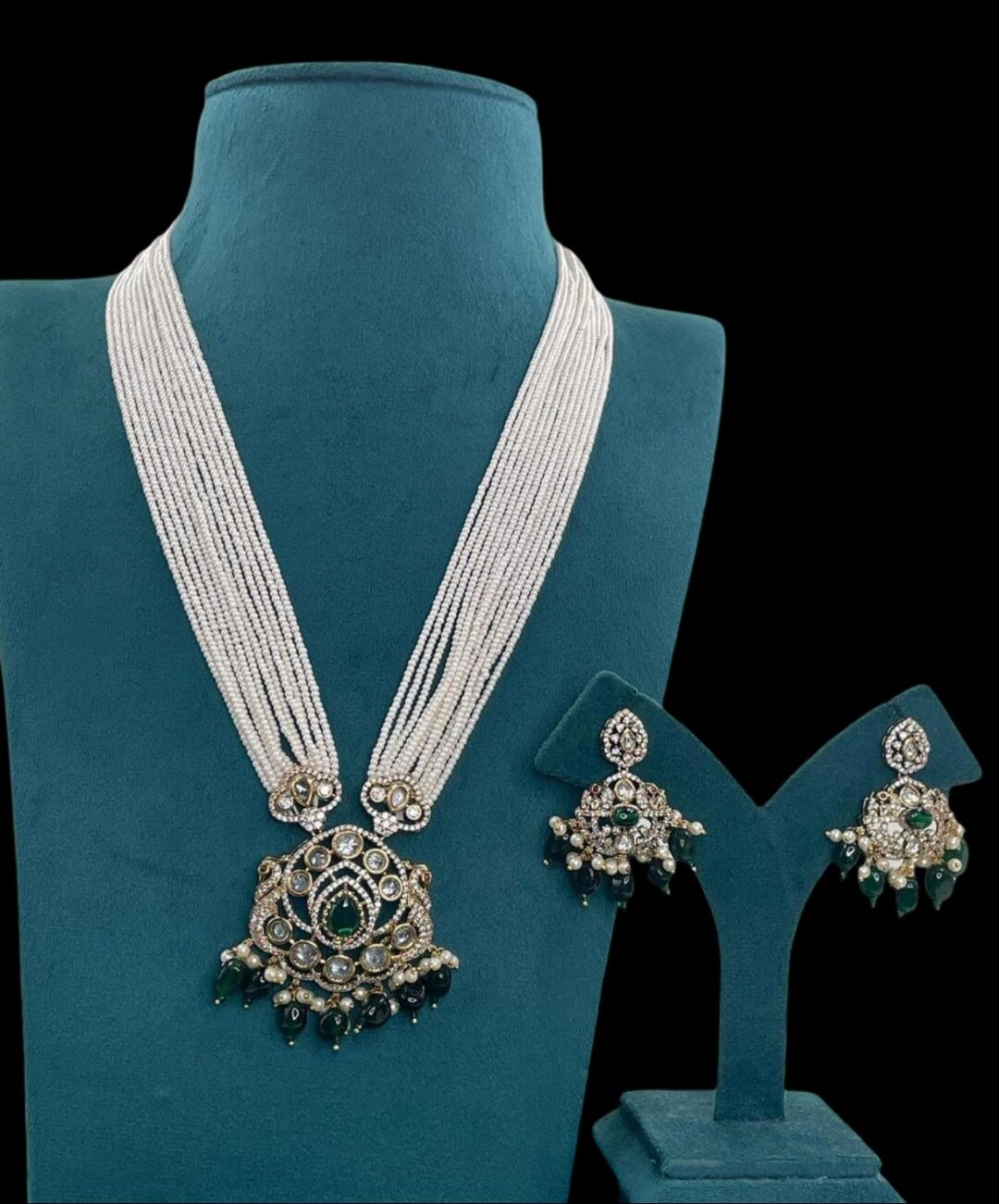 Traditional Indian Long Pearl Haraam Necklace Set With Green Stone & Kundan Pendant | Bridal ...