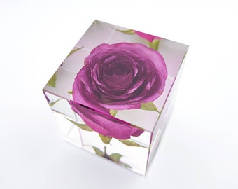 Real White Rose Cube, Forever Rose Crystals Keepsake, Resin Paperweight ...