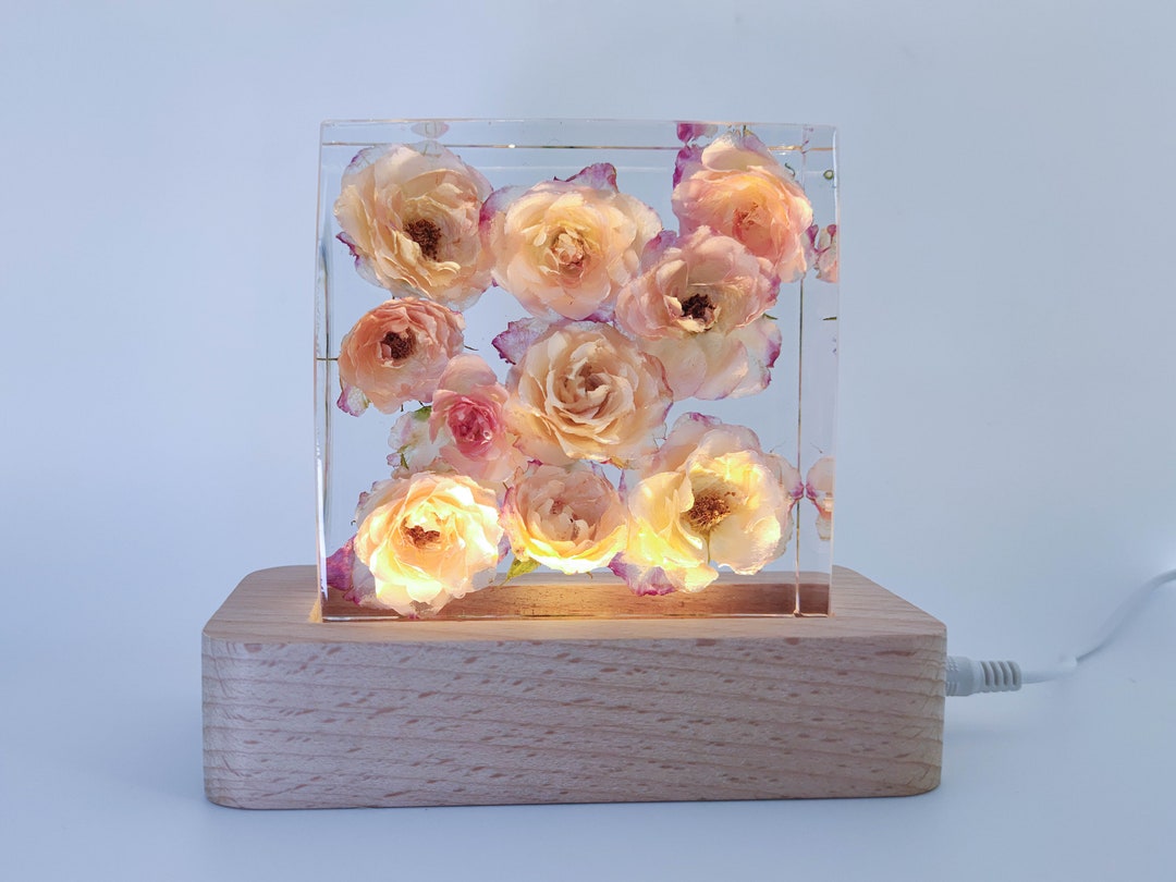Real Pink-white Rose Night Light, Rose Lamp, Real Rose Resin Block ...