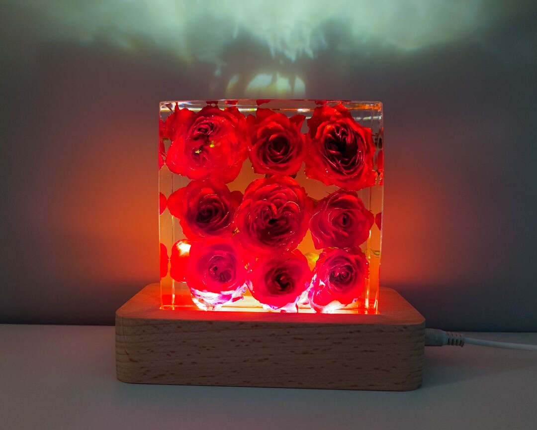 Real 9 Red Roses Night Light, Real Rose Lamp, Real Rose Resin Block ...
