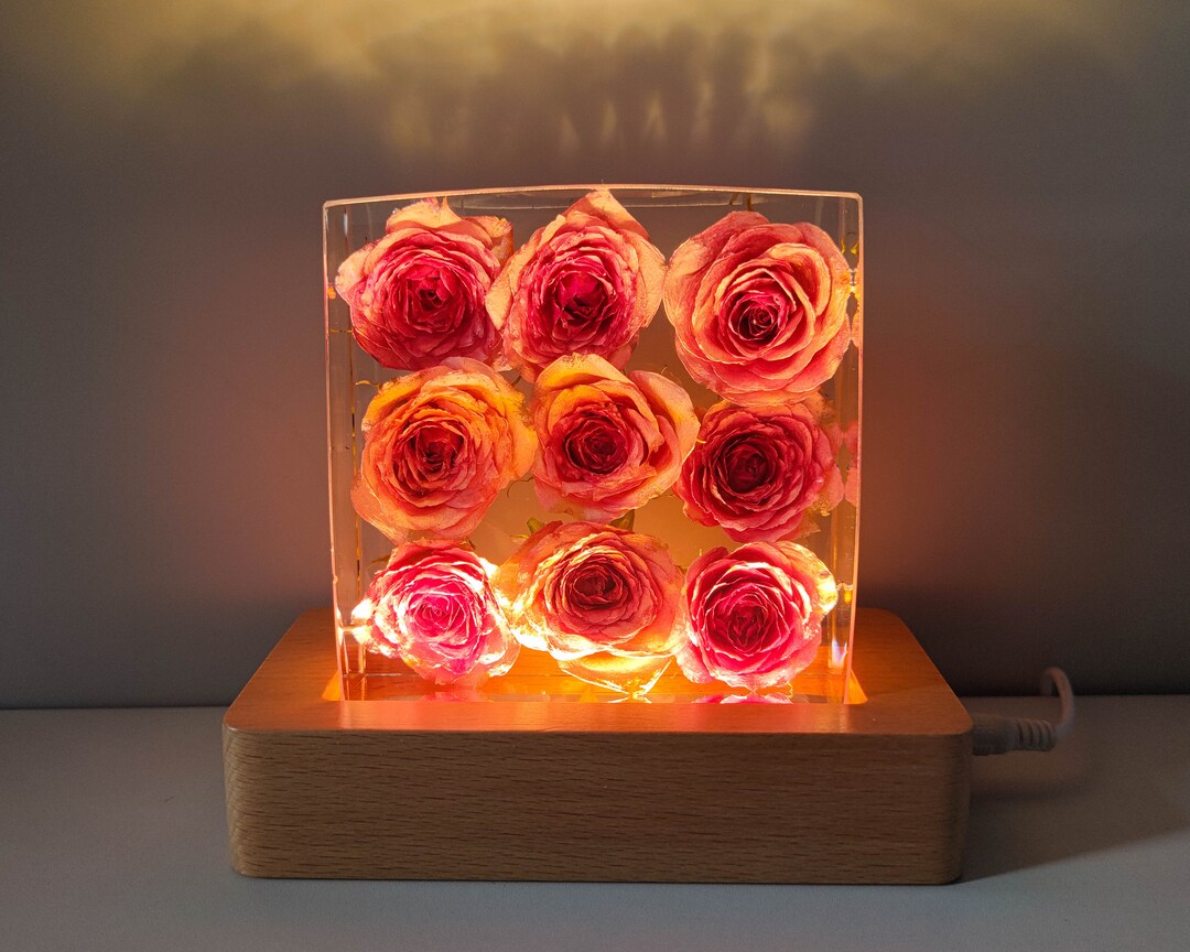 Real 9 Pink Roses Night Light, Real Rose Lamp, Real Rose Resin Block ...