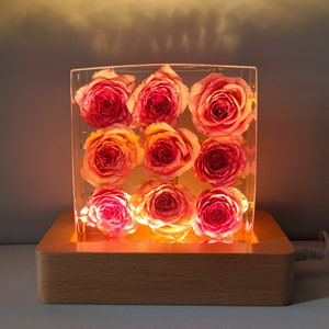 Real 9 Pink Roses Night Light, Real Rose Lamp, Real Rose Resin Block ...