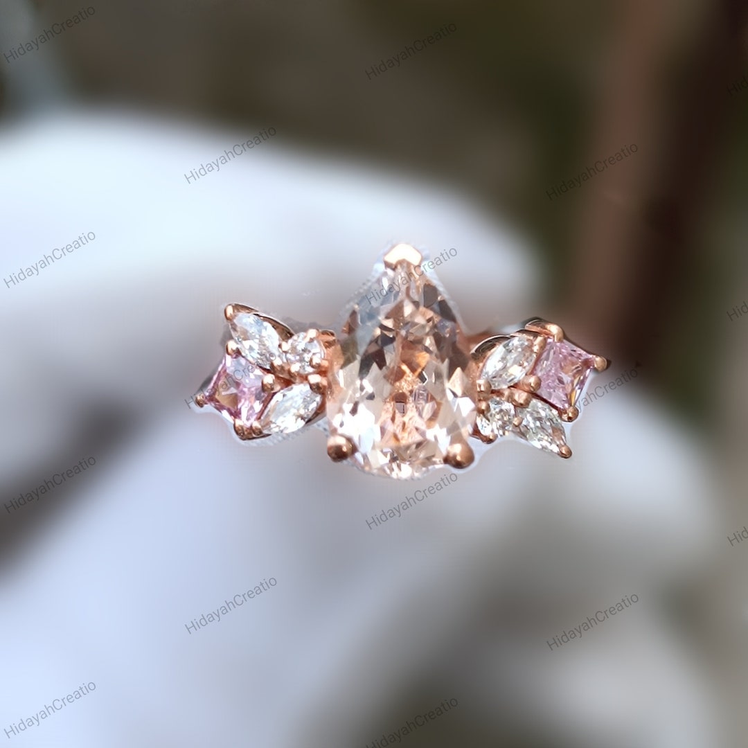 Peach Morganite Engagement Ring, Pear Cut Morganite Ring With Pink ...