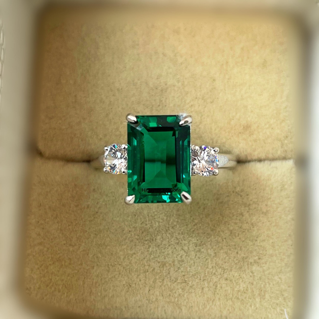 Antique Emerald Engagement Ring, Elongated Emerald Cut Three Stone Ring ...