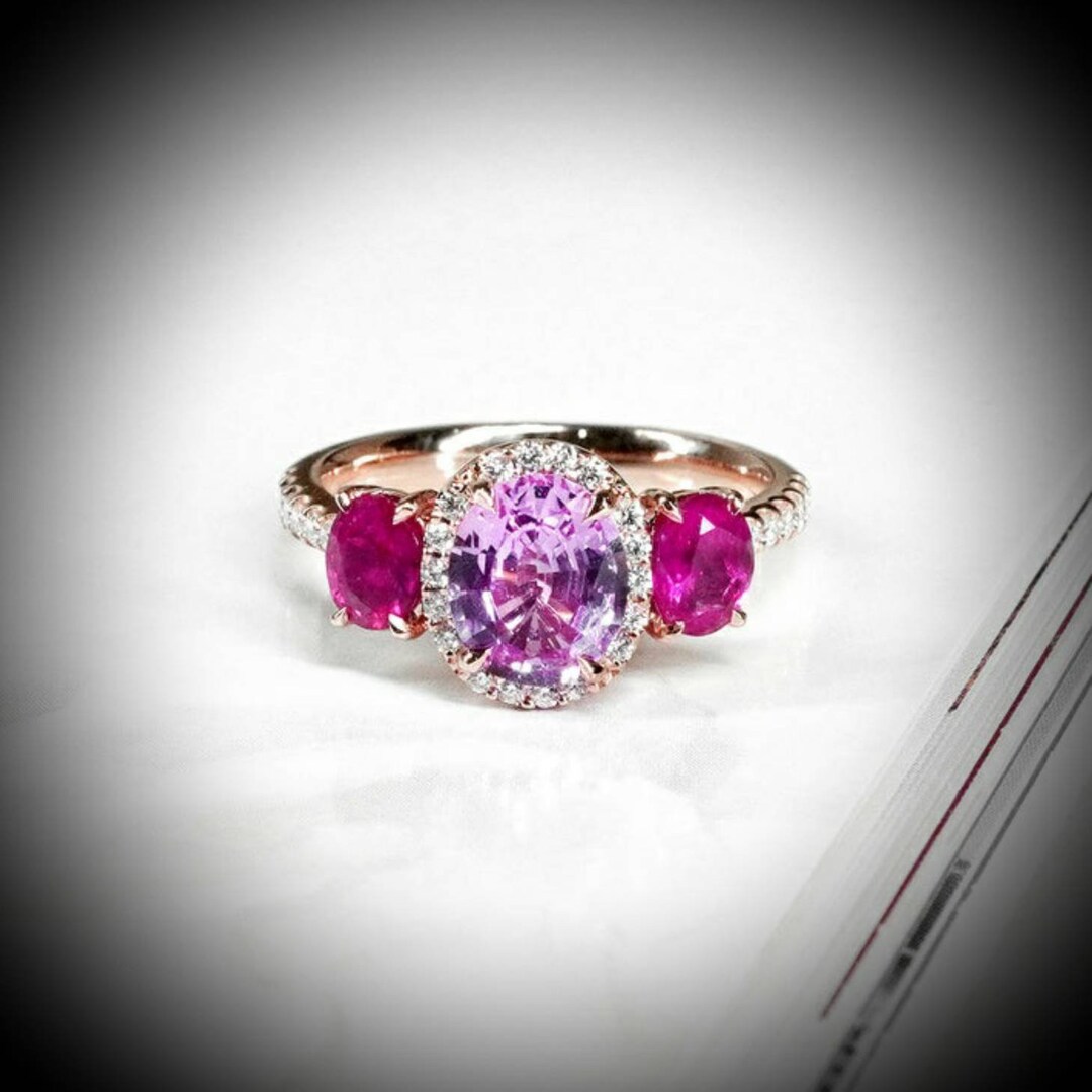 Pink Sapphire and Ruby Engagement Ring, Three Stone Ring, Oval Cut Pink ...