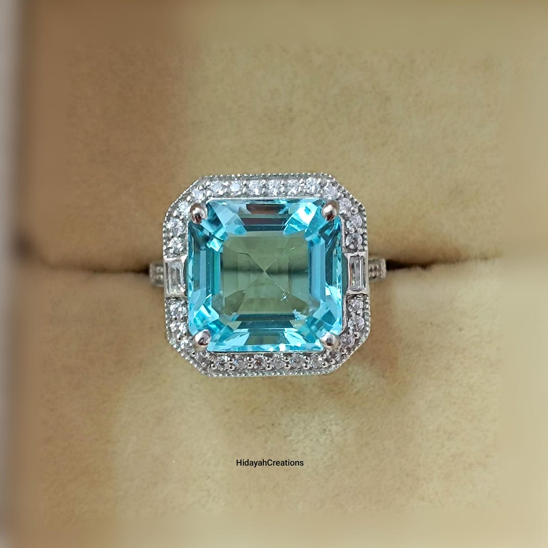 Asscher Cut Aquamarine Engagement Ring, Vintage Aquamarine Square Ring ...