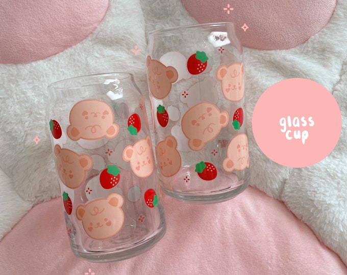 Choco Strawberry Bear Glass Cup Kawaii Glass Cup Beer Can Glass 16oz Glass Tumbler Aesthetic
