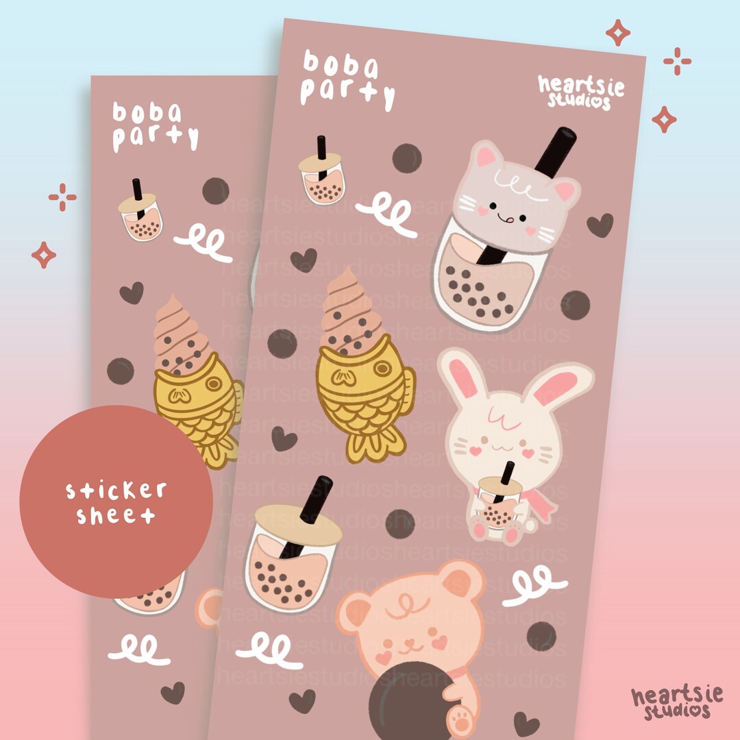 Boba Party Sticker Sheet | Bubble Tea Sticker, Boba Sticker, Taiyaki ...