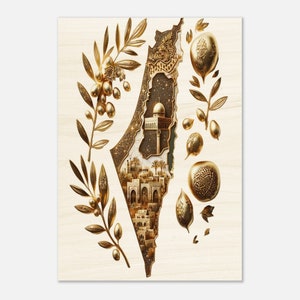 Wood Print Golden Palestine Map Wall Art - Elegant Palestinian Heritage ...