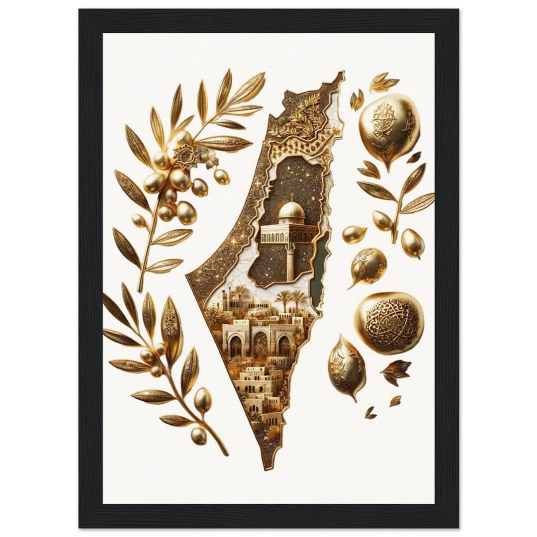 Elegant Gold Palestine Map Wall Art - Luxurious Decor Wooden Framed ...