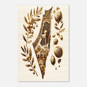 Wood Print Golden Palestine Map Wall Art - Elegant Palestinian Heritage ...