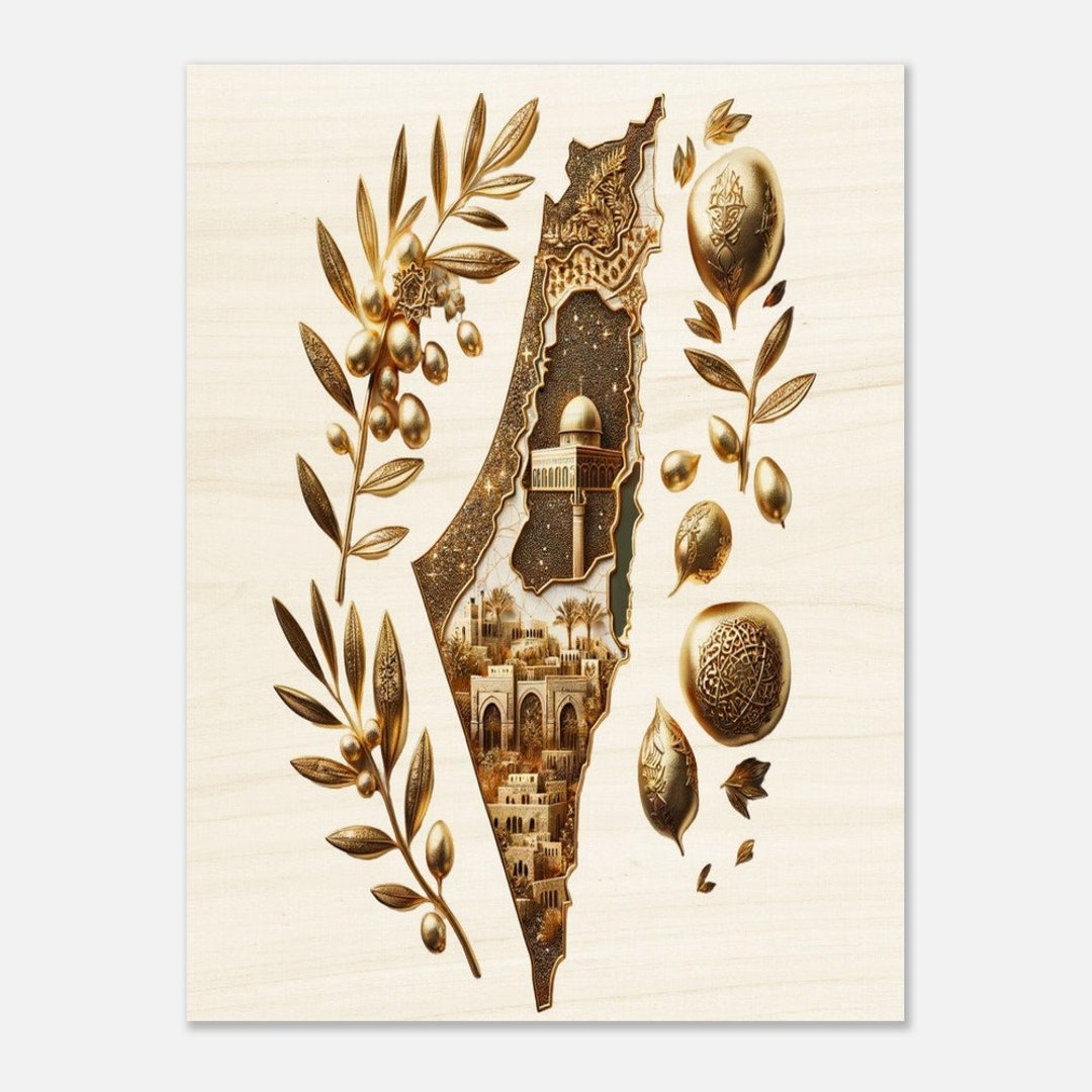 Wood Print Golden Palestine Map Wall Art - Elegant Palestinian Heritage ...