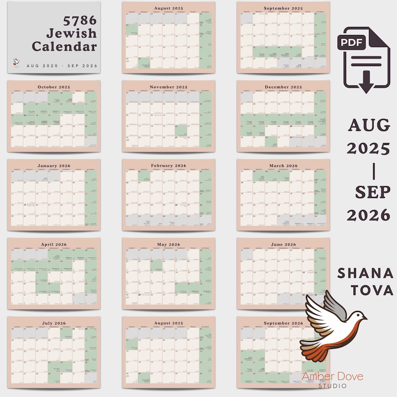 5786 Jewish Calendar Printable • Monthly Hebrew Planner PDF • Jewish ...