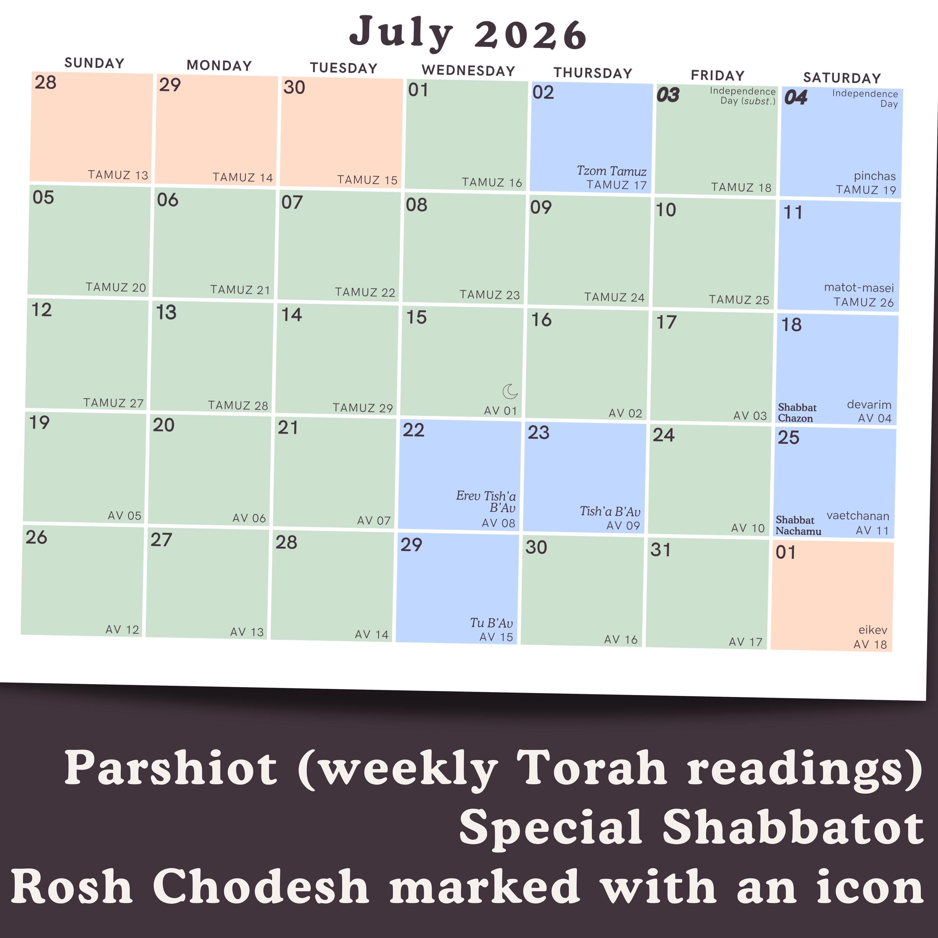 5786 Jewish Calendar Printable • Monthly Hebrew Planner PDF • Jewish ...